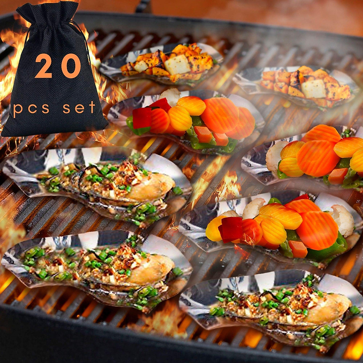 20 Pcs Set Oyster Shells Stainless Steel Reusable - large Oyster Grilling Pan - Metal Oyster Baking Dish - Great for Seafood of all Kind