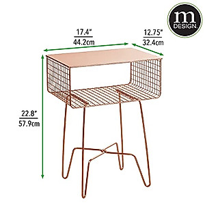mDesign Steel Side Table Nightstand with Storage Shelf Basket for Bedroom, Living Room, Home Office; Rustic Bedside End Table, Industrial Modern Accent Furniture - Concerto Collection - Rose Gold