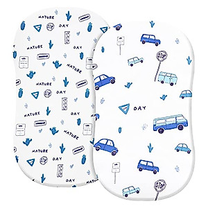 PHF Soft Bassinet Sheet Set, 2 Pack Silky Comfy Breathable Polyester Cradle Sheets for Baby Boys Girls, Univeral Fit for Most Cradle and Bassinet Mattress, Cars