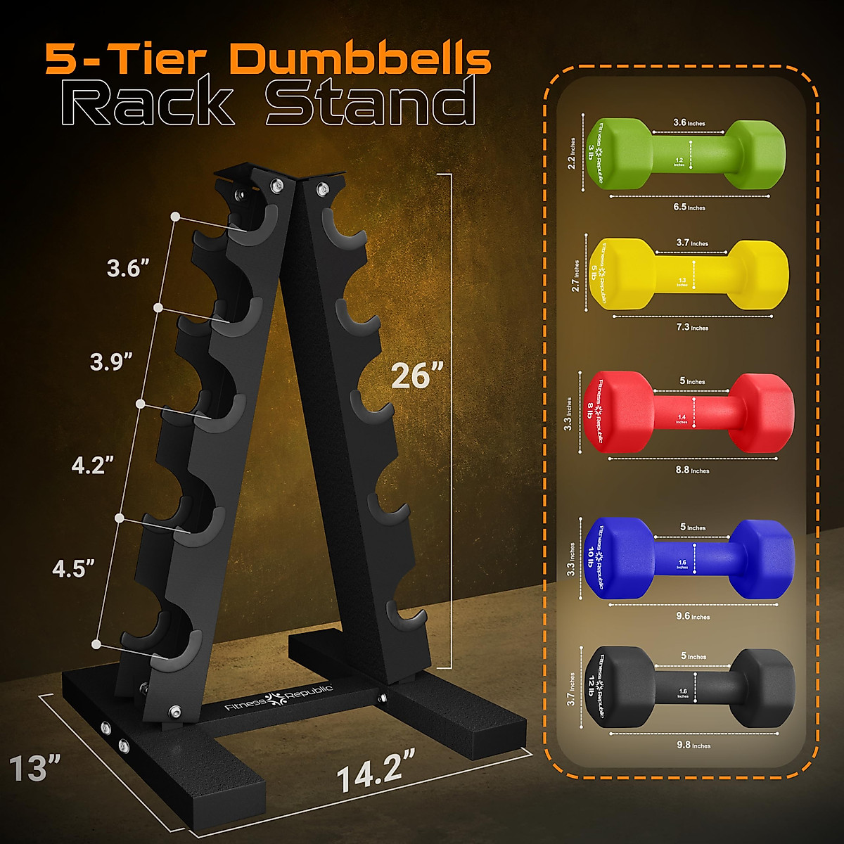 Fitness Republic Solid Steel Dumbbell Rack Holder, A-Frame Dumbbell Storage Racks, dumbbells tower for home gym exercise, Neoprene Dumbbells Pairs (3lb, 5lb, 8lb, 10lb, 12lb) with 5 Tier Rack Combo