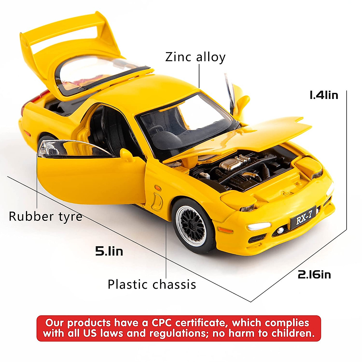 TGRCM-CZ 1/32 Scale RX-7 Model Car, Zinc Alloy Toy Car with Sound and Light for Kids Boy Girl Gift Metal Body, Door can be Opened Yellow