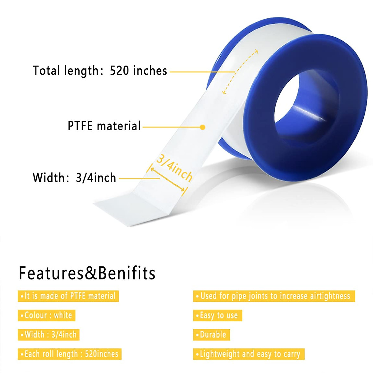 VOTMELL 4 Rolls 3/4 Inch(W) X 520 Inches(L) Teflon Tape,for Plumbers Tape,Plumbing Tape,PTFE Tape,Thread Tape,Plumber Tape for Shower Head,Pipe Sealing,Thread Seal,White