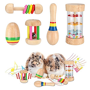 MEWTOGO 5 Pcs Wooden Bunny Toys - Safe Rabbit Toys, Multi-Colored Bite-Resistant Guinea Pigs Toys for Chinchillas Hamsters Small Animals Playing Indoor Outdoor Bunny Gifts