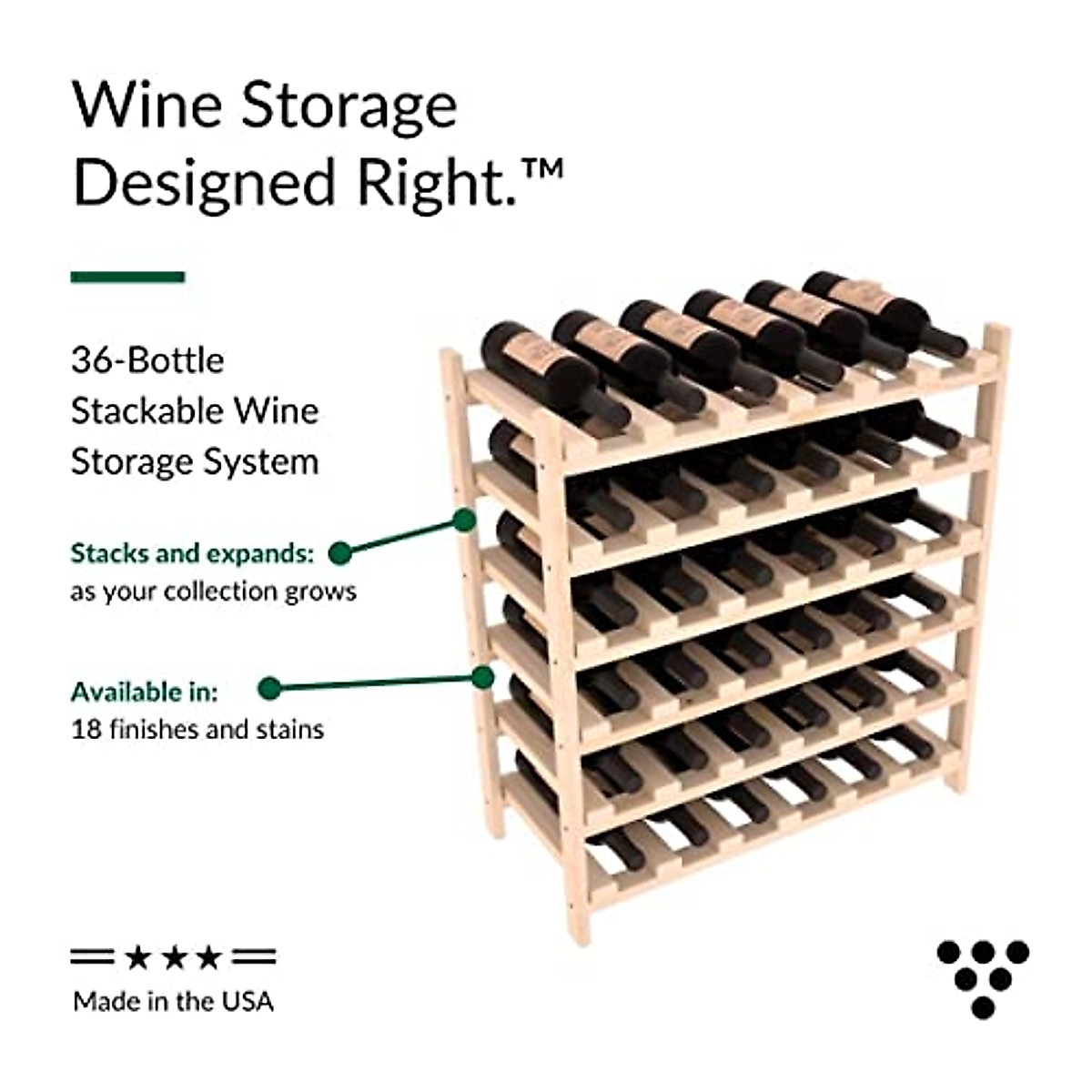 Wine Racks America Living Series Stackable Wine Rack - Durable and Modular Wine Storage System, Pine Unstained - Holds 36 Bottles