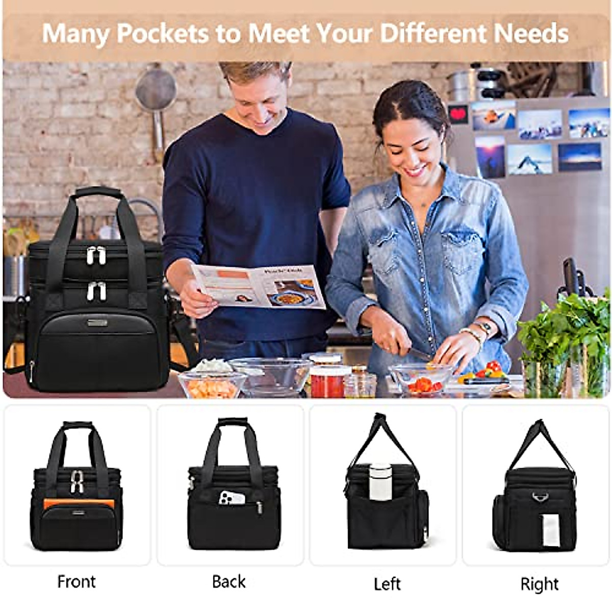 BAVERGE Lunch Box for Men Women, Insulated Loncheras Para Mujer Hombres, Large Portable Collapsible Adult Work Food Cooler, Expandable Heavy Duty Leakproof Tactical Lunch Bag Black