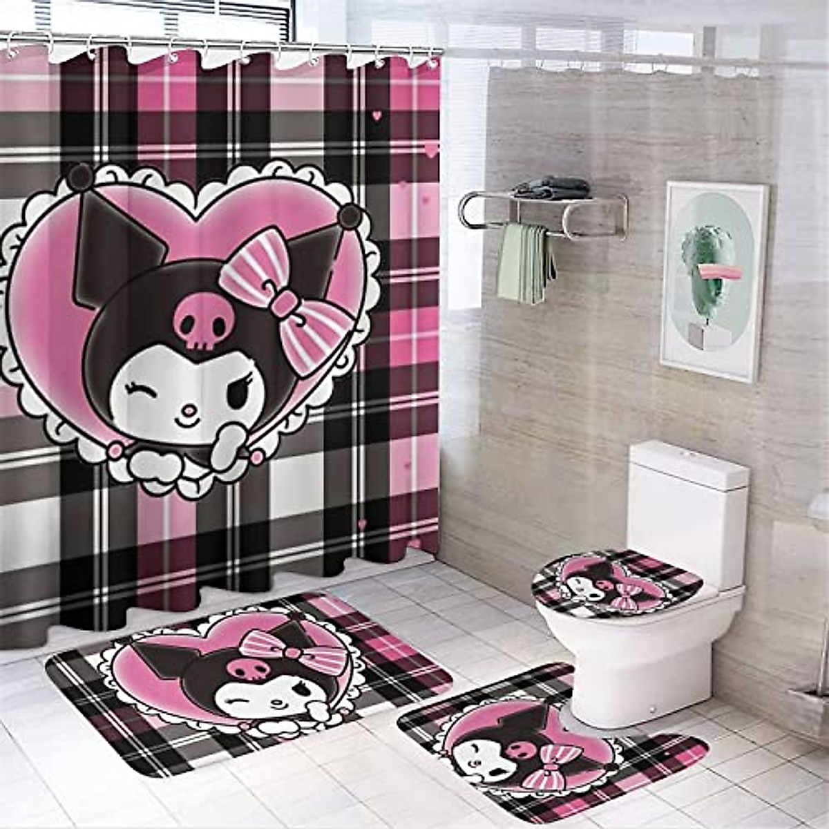 fmsnupz 4PCS Anime Shower Curtain Set, Cute Bathroom Decor with Non-Slip Rugs, Toilet Lid Cover and Bath Mat, Waterproof Fabric Shower Curtains with 12 Hooks, 70.8"x70.8"