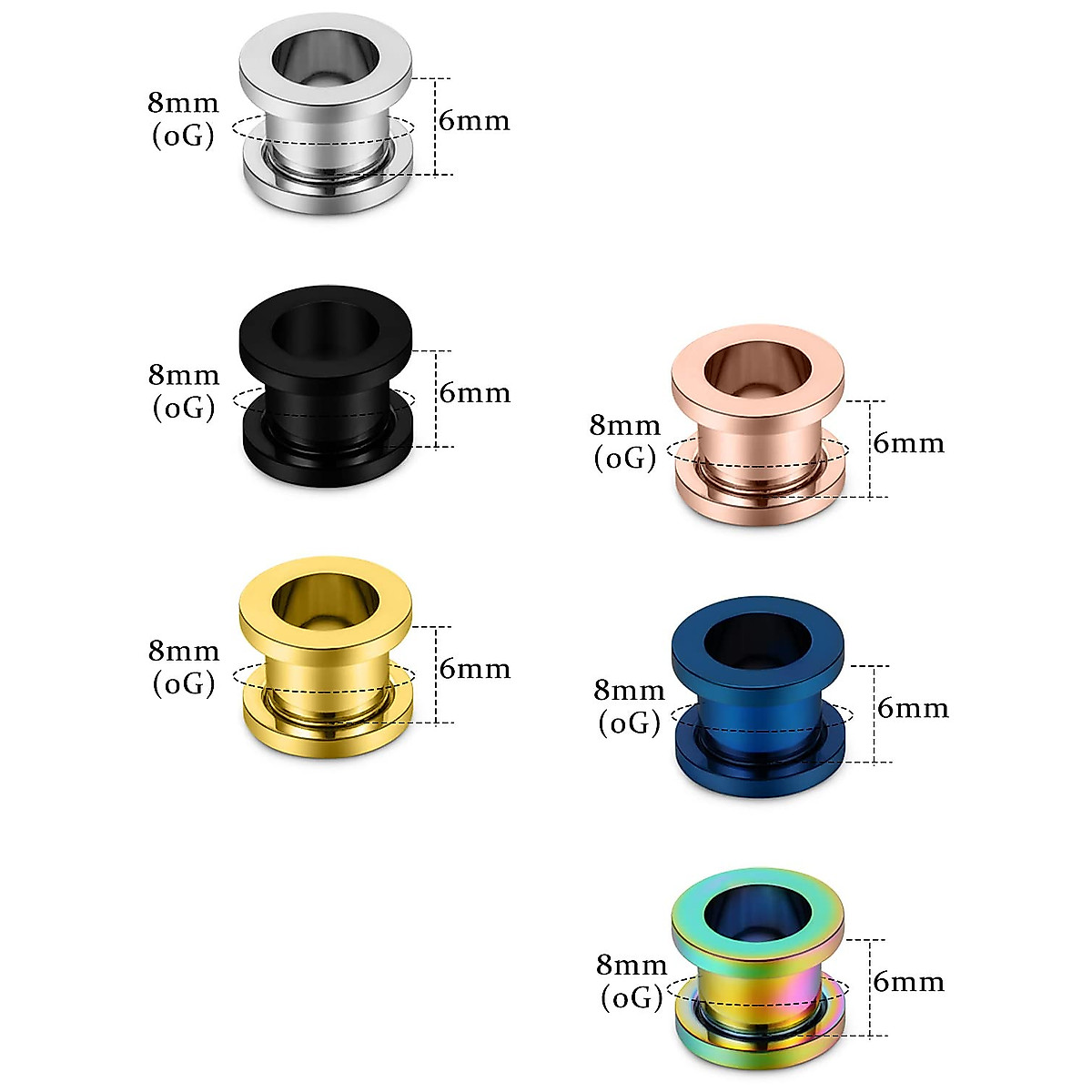 Vsnnsns 0G 316L Surgical Stainless Steel Ear Gauges Tunnel Plug Earrings Expander Stretcher Piercings Jewelry for Women Men 6 Pairs 0 Gauge 8mm