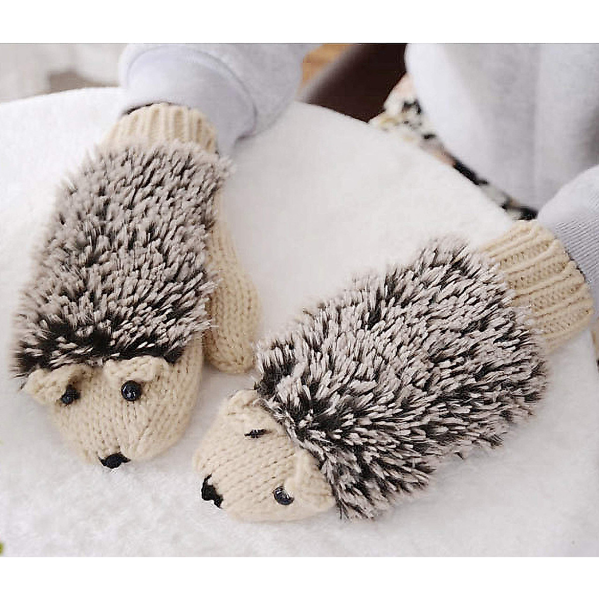 Winter Gloves Mittens Like Lovely Hedgehog For Women, Beige