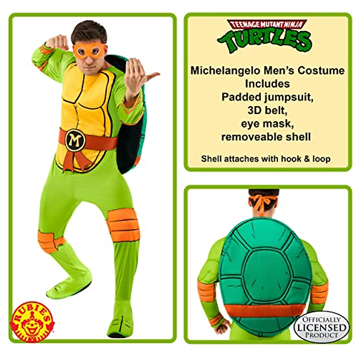 Rubies Men's Teenage Mutant Ninja Turtles Deluxe Michelangelo Costume Jumpsuit, Shell, and Eye-Mask, As Shown, X-Large