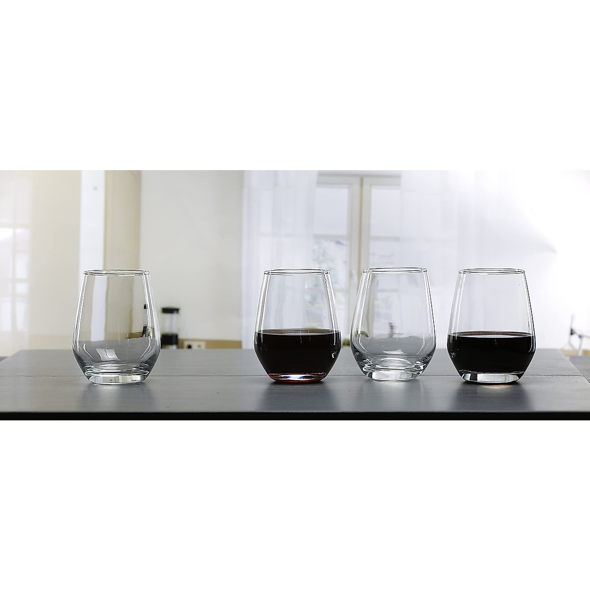 Circleware Stemless Red Glasses Set of 4, Glassware for Water, Beer, Wine, Liquor, Iced Tea Punch & All Drinks, 13oz, Clear