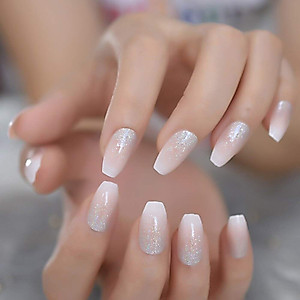 Coolnail Holo Glitter Pink Nude French Ballerina Coffin False Nails Gradient Natural Press on Fake Nails Tips Daily Office Finger Wear