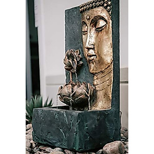 XBrand 30" H Bronze and Natural Grey Polyresin Indoor Outdoor Cascading Lotus Buddha Face Water Fountain w/LED Light, Freestanding, Relaxing Zen Décor for Home Patio Garden Backyard