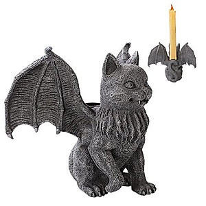 Ebros Gift Medieval Gothic Vampire Catgoyle Winged Cat Gargoyle with Dracula Fangs Lifting Paw Candle Holder Statue 7.25" L Faux Stone Renaissance Macabre Demonic Angel Cats Figurine Sculpture Decor