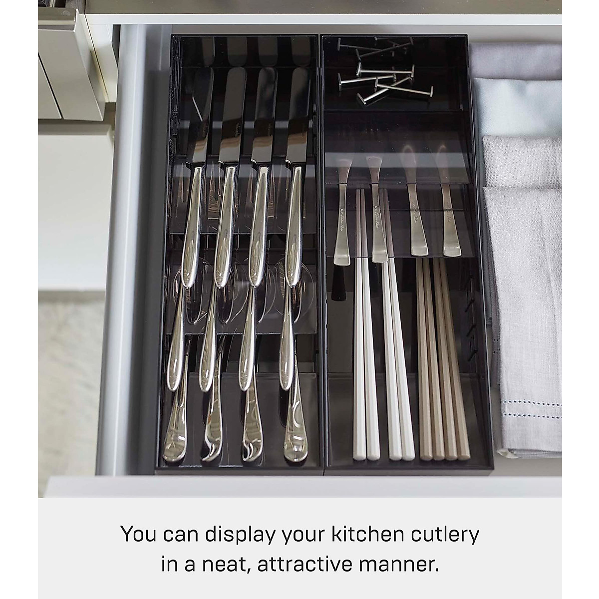 Yamazaki Home Expandable Cutlery Kitchen Angled Utensils Storage Silverware Organizer Compact Drawer Insert Tray | Plastic, One Size, White