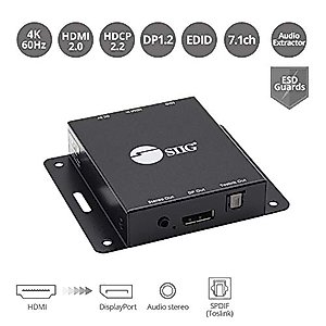 SIIG HDMI to DisplayPort Converter Adapter, One-Way HDMI 2.0 Source to DP 1.2 Display,4K60 & 1080p144Hz,HDCP 2.2,EDID,Audio Extract to Toslink/3.5mm,TAA Compliant,ESD Protection CE-H26A11-S1