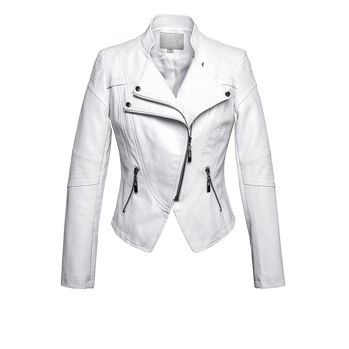 chouyatou Women's Fashion Tailored Zip-Up Faux Leather Quilted Racer Jacket (X-Large, White)