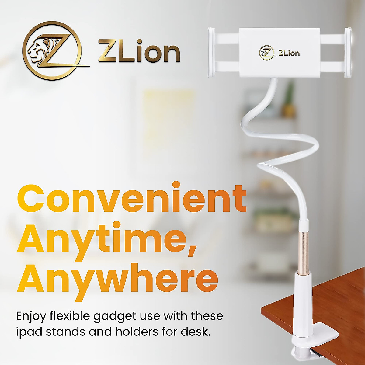 Zlion 360 Degree Tablet Holder, 31-Inch-Long Gooseneck Phone Holder with Clamp, Tablet and Cell Phone Holder for Treadmills or Furniture, Tablet Holder for Online Class, Reading, Watching and More