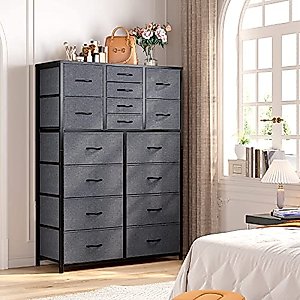 EnHomee 16 Drawer Dresser, Tall Dresser for Bedroom with Wooden Top and Sturdy Metal Frame, Large Bedroom Dressers & Chest of Drawers for Bedroom Closet Living Room Entry,57.1"Hx 37.4"W x 11.8"D,Grey