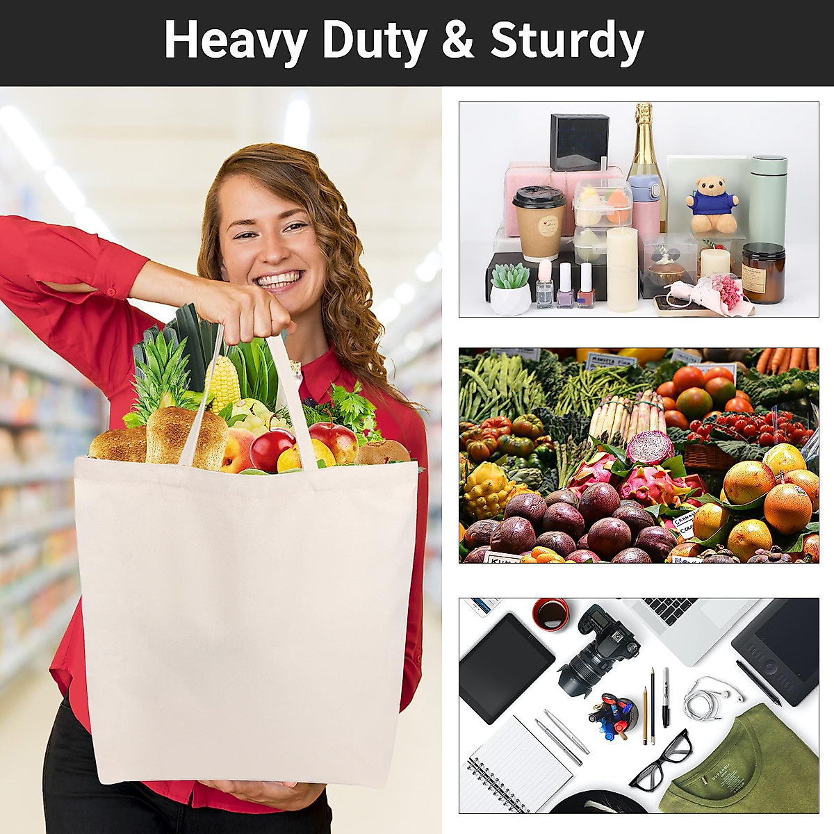 Segarty 6 Packs Large Canvas Tote Bags, 20X15 Inch Reusable Grocery Bags, Heavy Duty Shopping Bags with Bottom Gusset, Natural White Blank Cloth Shoulder Bags Perfect for DIY Crafting Decorating