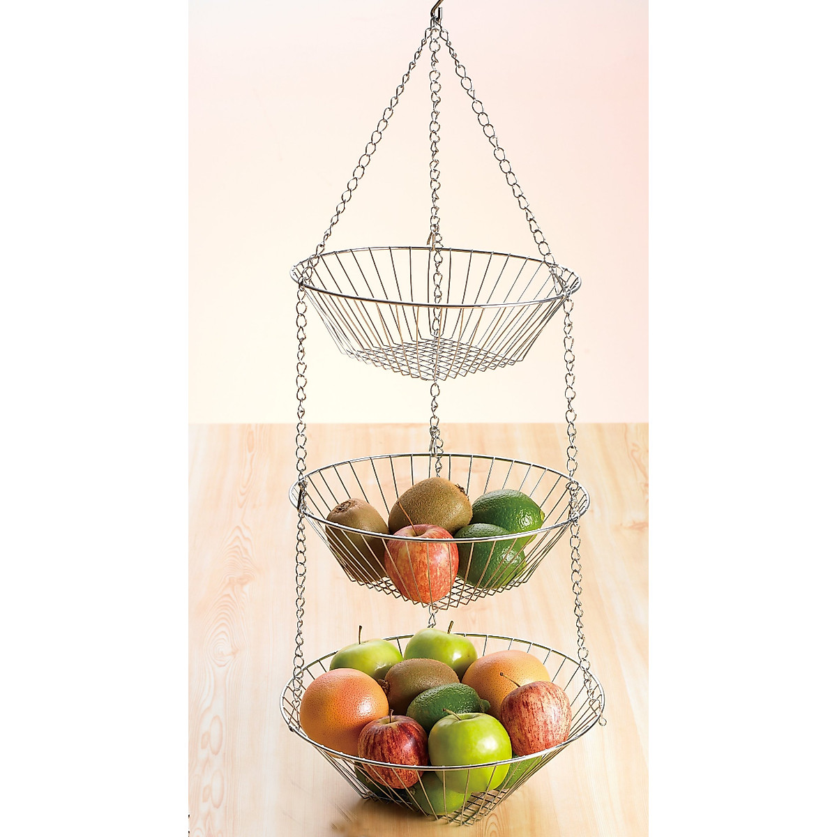 Creative Home Chrome Plated Iron Wire 3-Tier Hanging Basket Kitchen Accessory Storage Organizer, 11.8" Diam. x 31.5" H Hanging Size