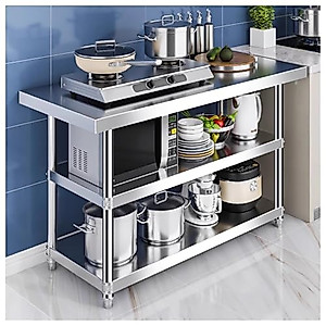 Stainless Steel Work Table Kitchen Stovetop Casework Organizer Storage Rack Commercial Prep Table Large Storage Three Tier Metal Table with Solid Construction(60x40x80cm)
