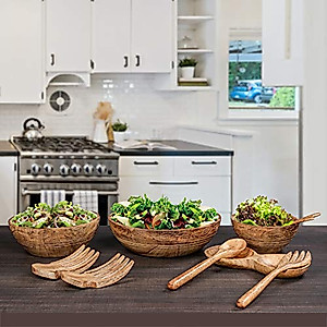Winlay Wooden Serving Bowls with Spoon set 3 Mango Wooden Salad Bowl along with spoons and Salad Bowls mixer kitchen bowls Popcorn bowls 3 Size 10" x 7.75" x 6" Width, Burn Brown finish