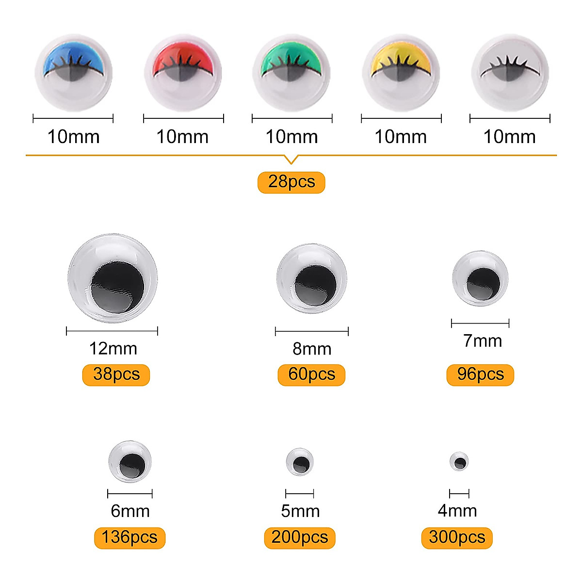 ASTARON 800Pcs 4mm-12mm Googly Eyes Self Adhesive Wiggle Eyes for Art Craft Supplies, Doll Making and Scrapbooking,7 Size