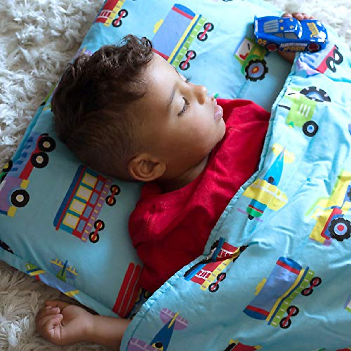 Wildkin Original Nap Mat with Reusable Pillow for Boys & Girls, Perfect for Elementary Daycare Sleepovers, Features Hook & Loop Fastener, Cotton Blend Materials Nap Mat (Trains, Planes, and Trucks)