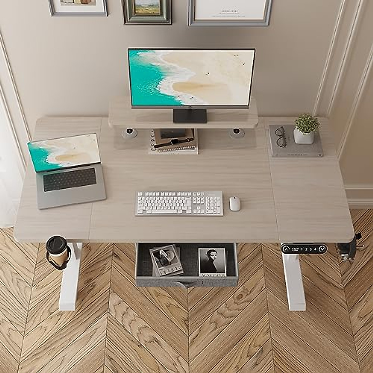 BUNOEM Height Adjustable Electric Standing Desk with One Drawer, Table with Storage Shelf, Sit & Stand Home Office Desk with Storage Space (Oak, 55x30)