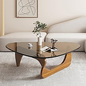 Triangle Glass Coffee Table-Mid-Century Modern End Table Solid Wood Base and Vintage Tempered Transparent Glass Top Coffee Tables Living Room Balcony (Walnut/Brown, Small 32.2 * 22.4 * 16in)