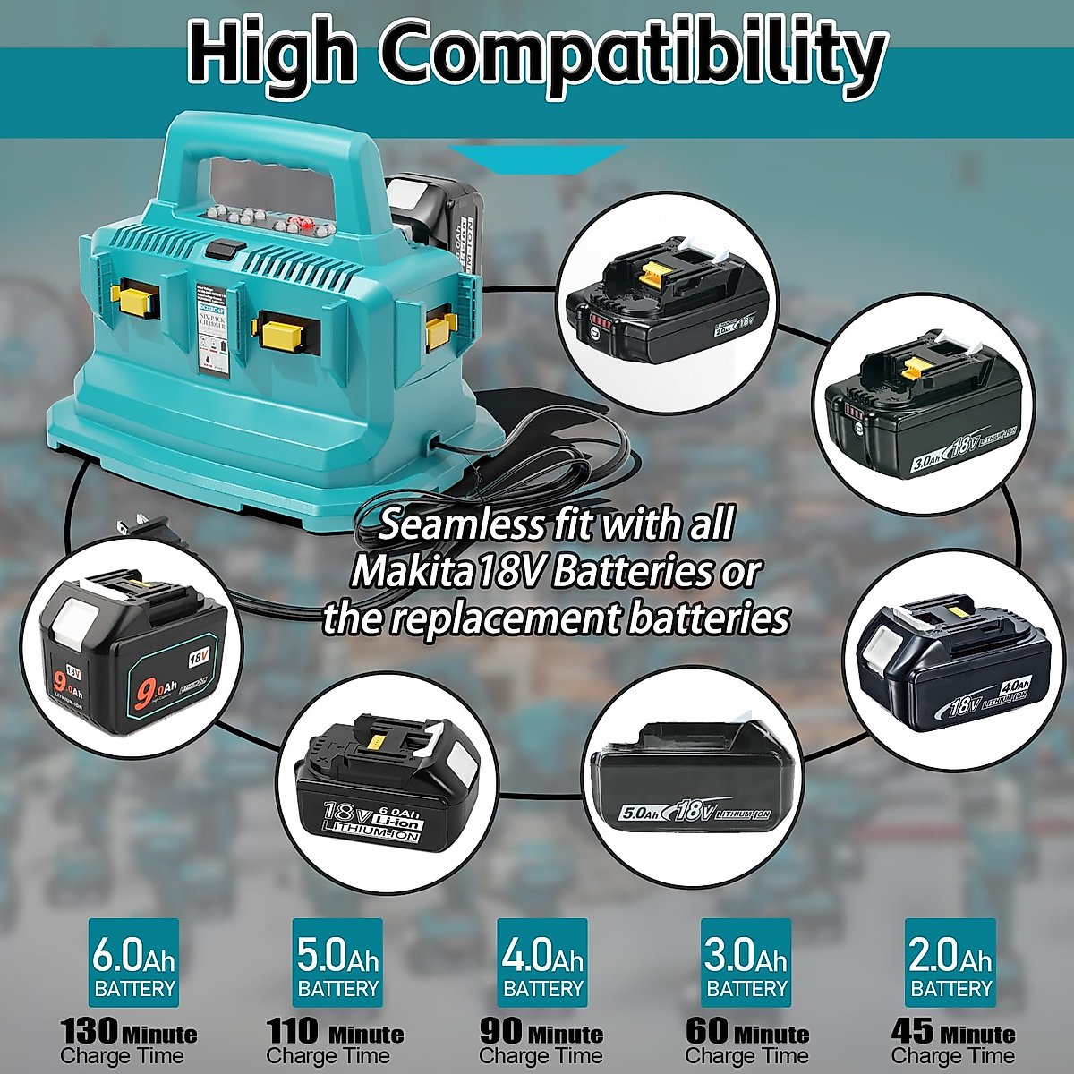 【Charge Choose Button & Wall Hole】 Replacement 6 Port Charger for Makita 18V Six Port Lithium-Ion Charger Fast Charge with Power Button,6 LED Indicators