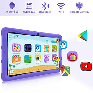 Android 13 Tablet, 10 inch Tablet for Kids with Case, 4GB RAM 64GB ROM 512GB Expand, Quad-Core Processor, 1280x800 IPS Touch Screen, GPS, WiFi, Dual Camera, Bluetooth, 6000mAh (Purple)