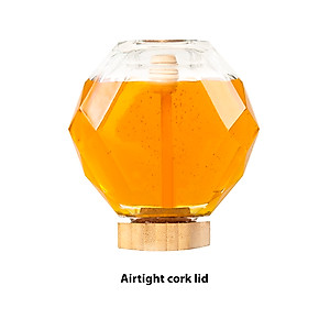 12 Ounce Glass Honey Jars with Dipper,Airtight Hexagonal Lid Glass Honey Jars,Honey Jar with Natural Wood Lid and Dipper Transparent Honey Jar and Honey Stick set with Lid TIMUR HOME KITCHEN (Cork)