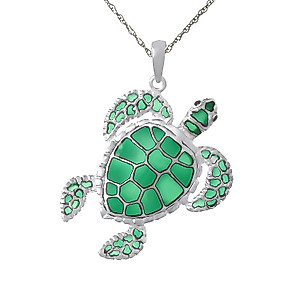 Million Charms 925 Sterling Silver Sea Turtle Charm Necklace Pendant with Chain, Green Stained Glass Enamel
