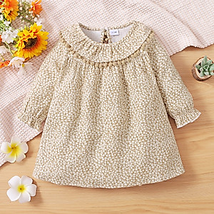 OPAWO Toddler Baby Girl Long Sleeve Dress Flutter Ruffle Pom Pom Neck Corduroy Fall Winter Dresses for 1-4 Years(Beige,2-3 Years)