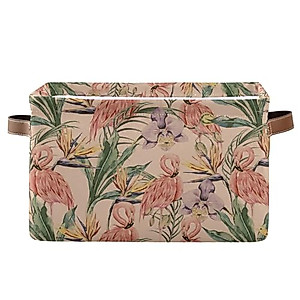 Tropical Flowers Jungle Flamingos Storage Basket Bins Decorative Toy Organizer Bins Laundry Hamper Baskets with Handles for Bedroom Office Clothes Pet Nursery Living Room,1 pcs