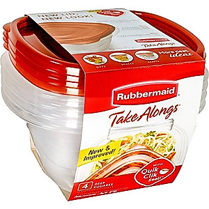 Rubbermaid 071691423140 TakeAlongs Deep Square Food Storage Containers, 5.2 Cups, 4 Pack, Tint Chili Red