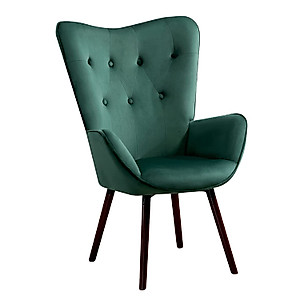 Velvet Accent Chair, Modern Wingback Vanity Chair Tufted Armchair Upholstered Tall Back Desk Chair with Arms Solid Wood Legs Lounge Leisure Chair for Living Room Bedroom Waiting Room (Dark Green)