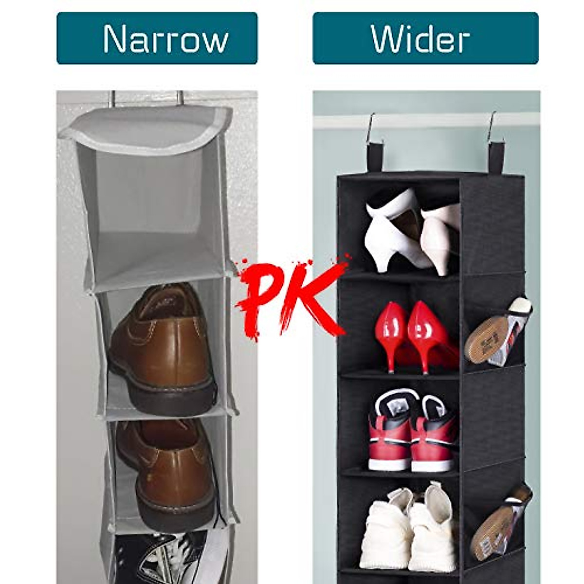 AOODA 8-Shelf Hanging Shoe Rack for Closet Organizer with 8 Mesh Side Pockets Wide Hanging Shoe Storage Holder For Hat, Clothes, Handbag, Black