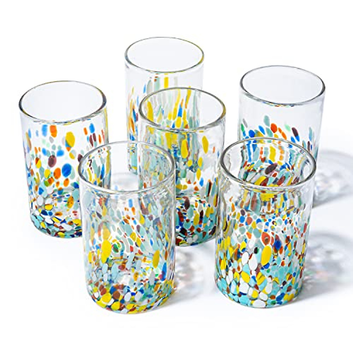Hand Blown Mexican Drinking Glasses and Pitcher – Set of 6 with Mexican Confetti Design (14 oz each) and Pitcher (84 Ounces) by The Wine Savant (Confetti)