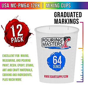 Pouring Masters 64 Ounce (2000ml) Graduated Plastic Mixing Cups (Box of 12) - Use for Paint, Resin, Epoxy, Art, Kitchen, Cooking, Baking - Measurements in OZ. and ML., 4 Different Measuring Ratios 1:1