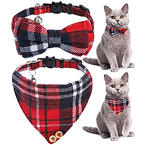 Cat Collar Breakaway with Bow Tie and Bell,2 Pcs Classic Design Adjustable from 7.5-10.8Inch Safety Cat Collar Bells Set,Comfortable Kitten Collar with Removable Bowtie For Cat Kitten(Red bow+bandana)