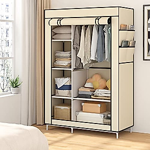 Calmootey Closet Storage Organizer,Portable Wardrobe with 6 Shelves and Clothes Rod,Non-Woven Fabric Cover with 4 Side Pockets,Beige