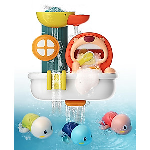 KidStation® - Baby Bath Toys for Toddlers 1-3, Kids 3-4 Years Old - Lion Bathtub Toys with Bubble Foam Maker + 3 Wind-Up Swimming Turtles - Gift Card Included for Christmas and Birthday