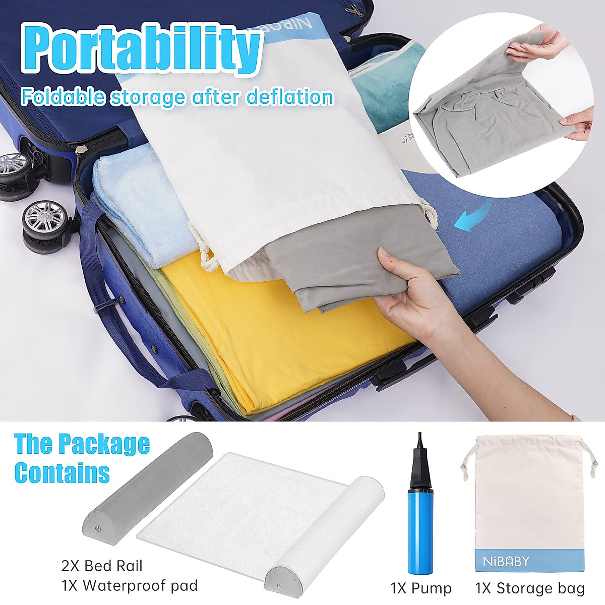 NiHome Inflatable Bed Rails for Toddlers 2PCS with Pump Waterproof Pad Non-Slip Bed Rail for Toddlers Portable Travel Bed Rail for King Queen Full Twin Bed Safety Gard for Kids Adults Elderly (Gray)