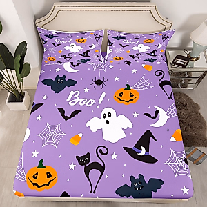 Gothic Spooky Bedding Set Pumpkin Lantern Kawaii Cute Bed Sheets for Kids Boys Teens,Ghost Spiderwebs Fitted Sheet Black Cat Cobwebs Bats Halloween Decoration Twin Size Purple