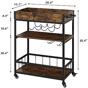 VLOBAOM Home Bar Serving Carts with Removable Wood Tabletop, Rolling Storage Cart with Wine Rack and Cup Holder, Beverage Cart with Wheels,67x40x90cm,Brown