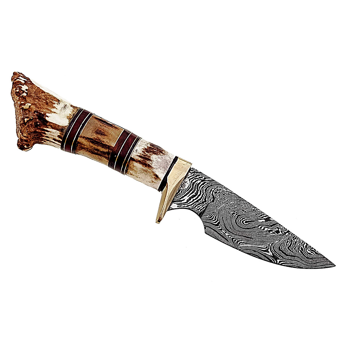 Damascus Steel Hunting Knife - Fixed Blade Knives with Sheath - Firm Grip Handle Made of Stag Horn(ST2)