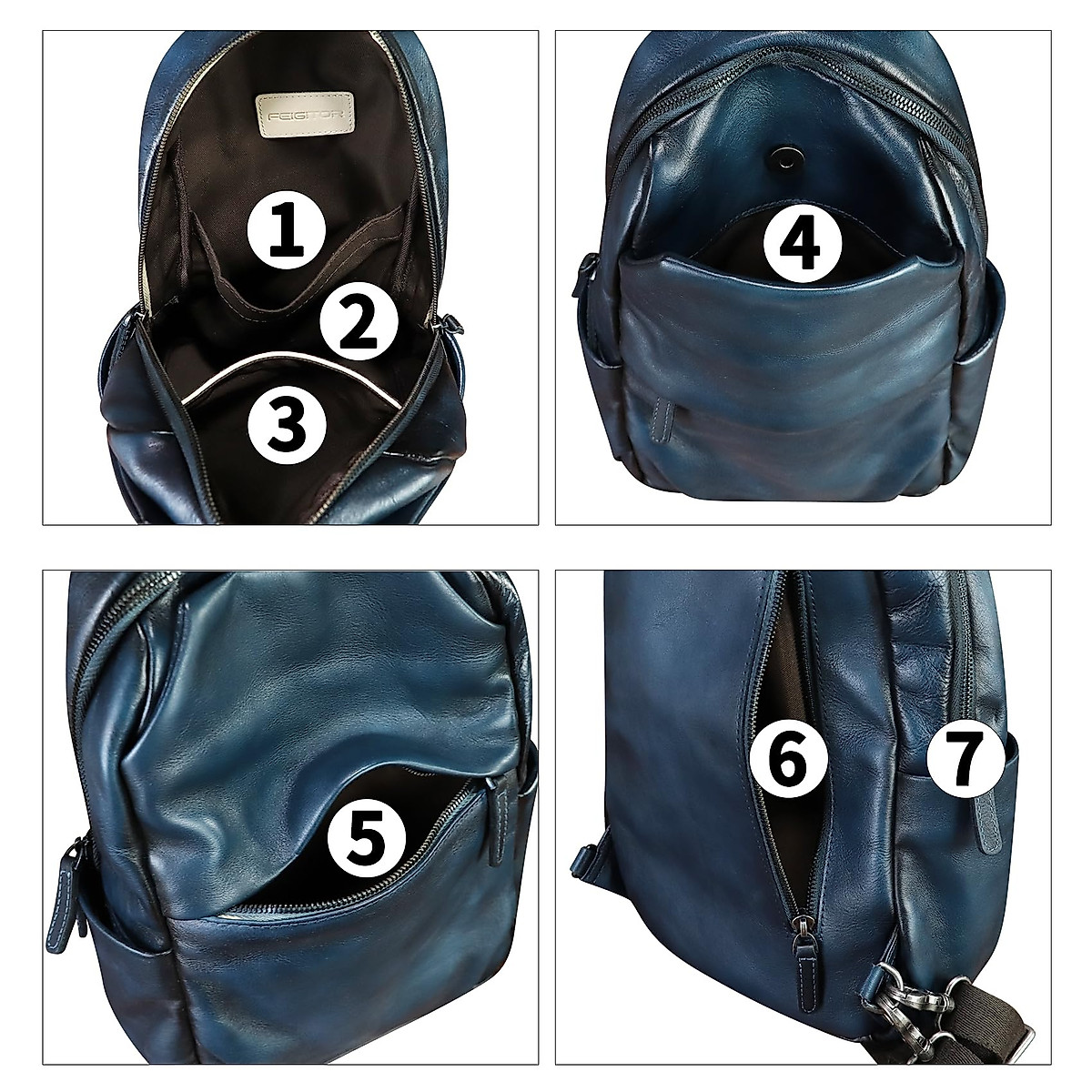 Genuine Leather Sling Bag Retro Crossbody Sling Backpack Handmade Chest Vintage Shoulder Daypack Purse Fanny Pack (NavyBlue)