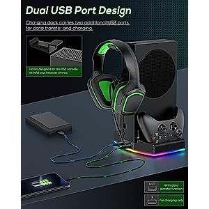 Cooling Stand & Charging Station for Xbox Series S with RGB Light Strip,Dual Charger of Controllers and Cooler Fan for XSS Console Accessories with 2*1400mAH Rechargeable Battery Pack,1*Headphone Hook